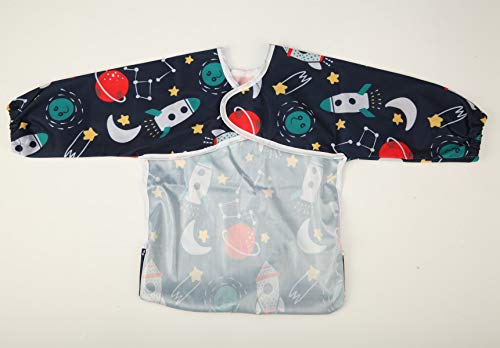 Sigzagor Baby Bib Sleeved Shirt with Pocket 1-3 Years Old Toddler Painting Drawing (Rocket)