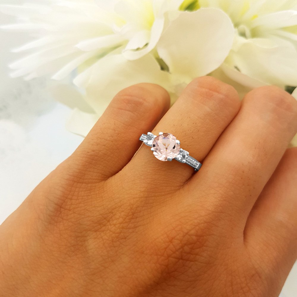 Dazzlingrock Collection 7mm Round Center Morganite & White Diamond 3 Stone Engagement Ring for Women in 18K White Gold, Size 7
