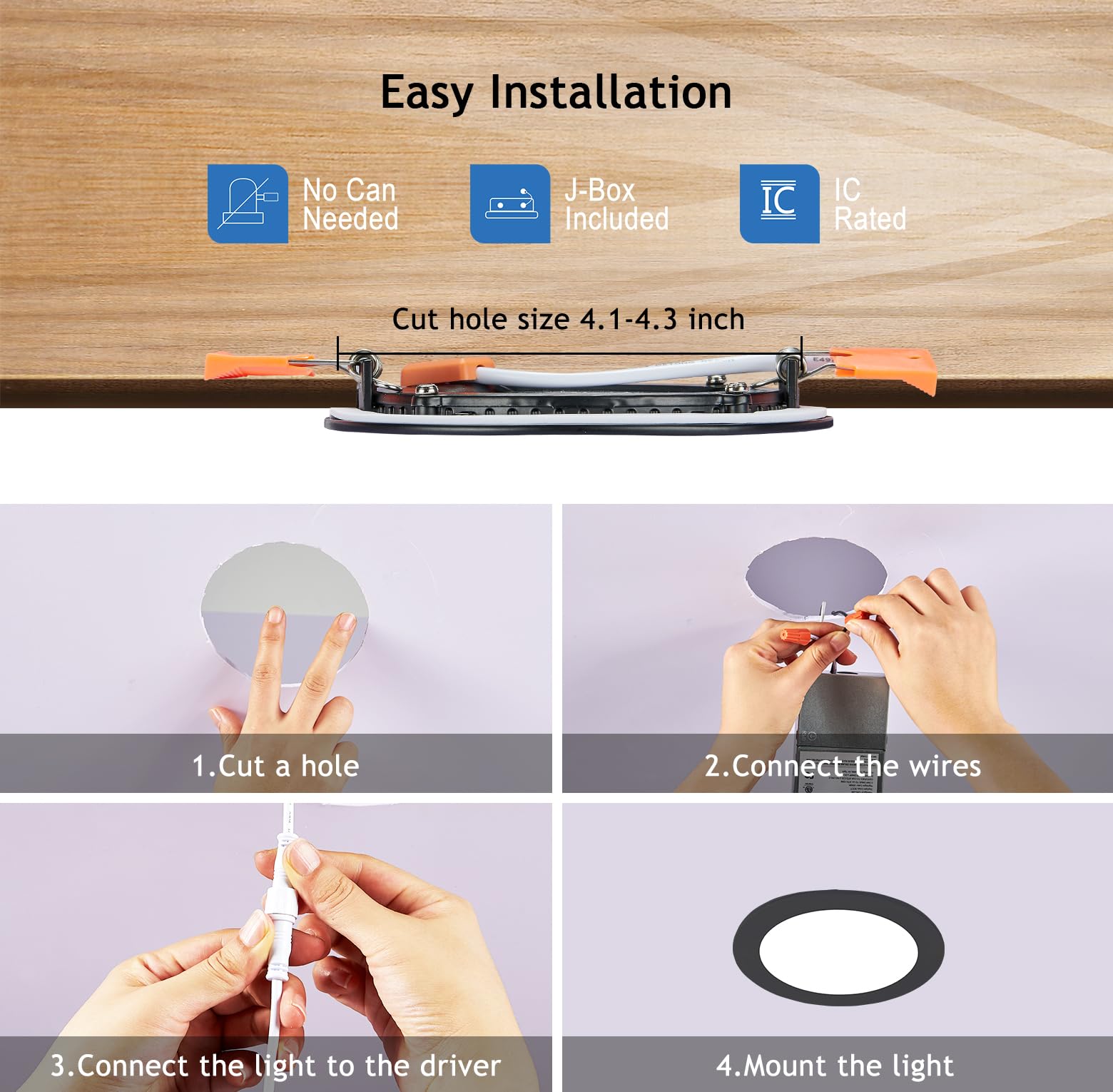 CycevSun 12 Pack Black Recessed Lights, Canless 4 Inch Soffit Wafer Lighting with Junction Box, Dimmable & 2700K 3000K 3500K 4000K 5000K Selectable, 9W, 120Vac, Wet & IC Rated, ETL