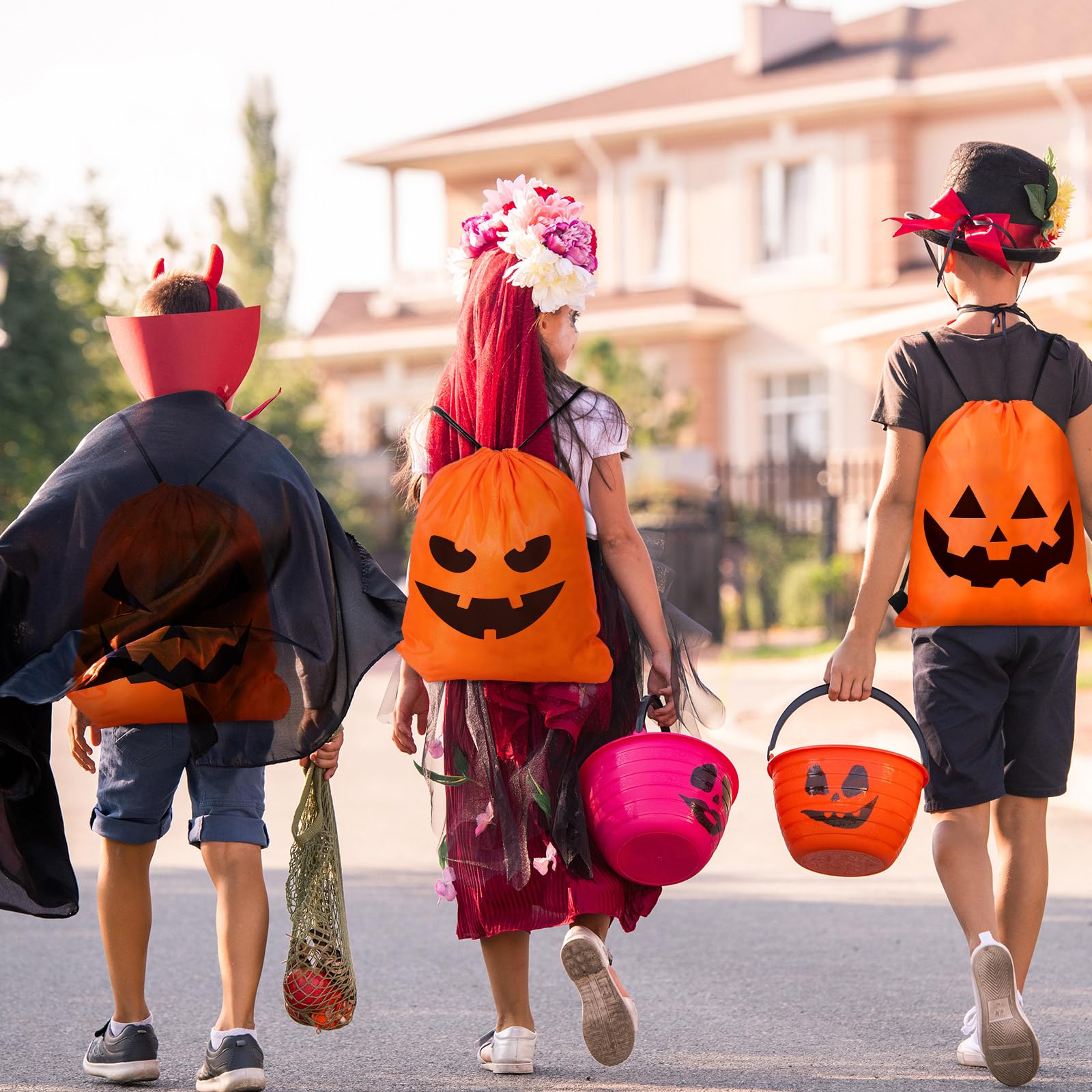 Sweetude 24 Pcs Halloween Drawstring Bags Large Backpack 16.1 x 12.6 Inch Candy Goodie Bags for Party Gift Supplies (Orange)