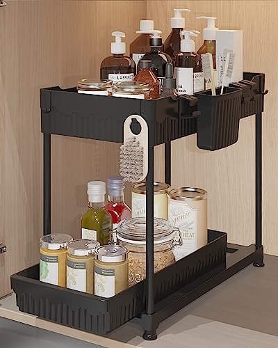 MHHA Under Sink Organizer, 2 Tier Sliding Bathroom Cabinet Organizer and Storage,Multi-purpose Under Kitchen Sink Oragnizers and Storage,1 Pack (Black)