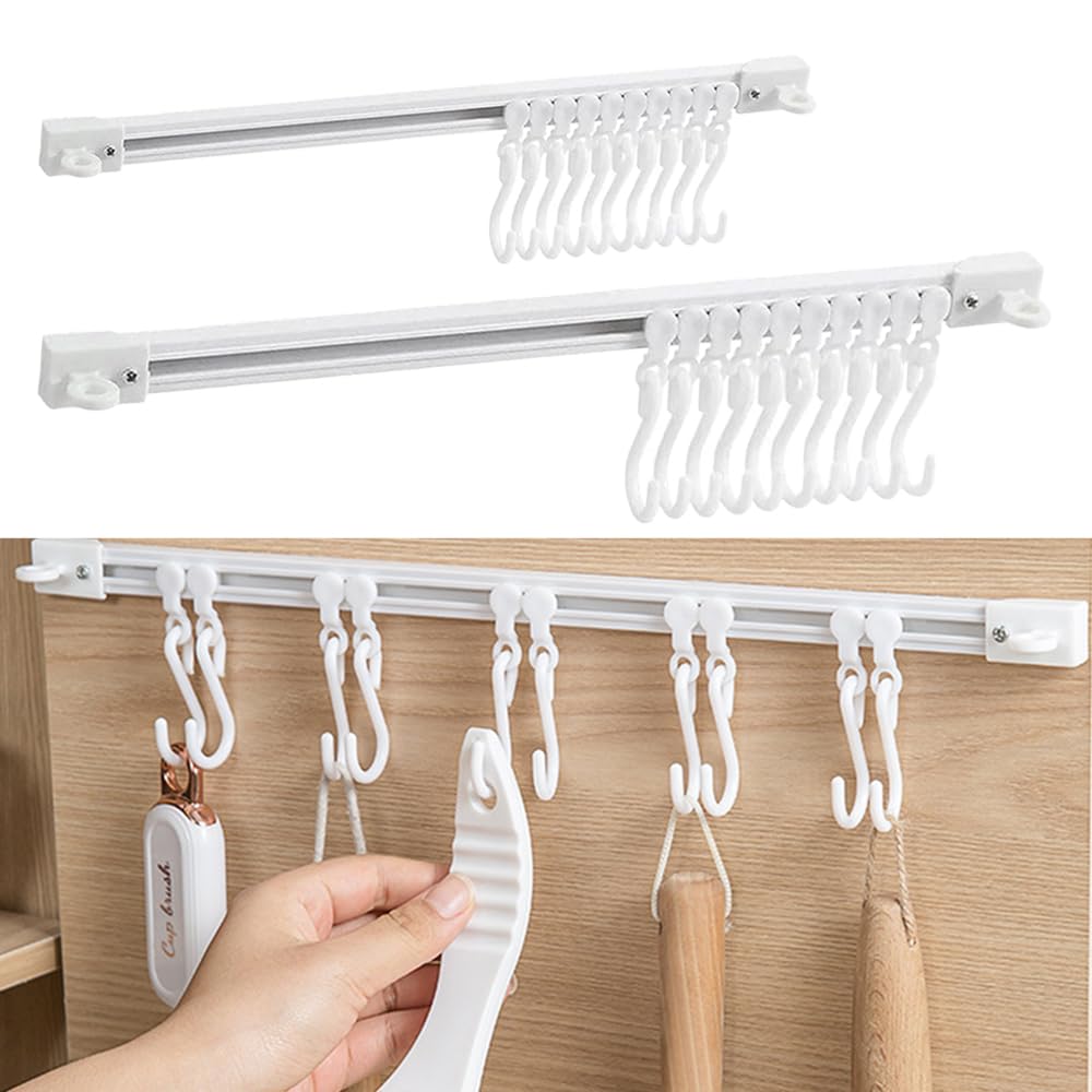 OULIGET Utility Slide Rail Hook,Under Cabinet Kitchen No Punching Hooks for Hanging Utensil,Bathroom Bedroom Office Wall Door Rack with 10 Hooks,15.7 and 11.8 Inches,2Pieces