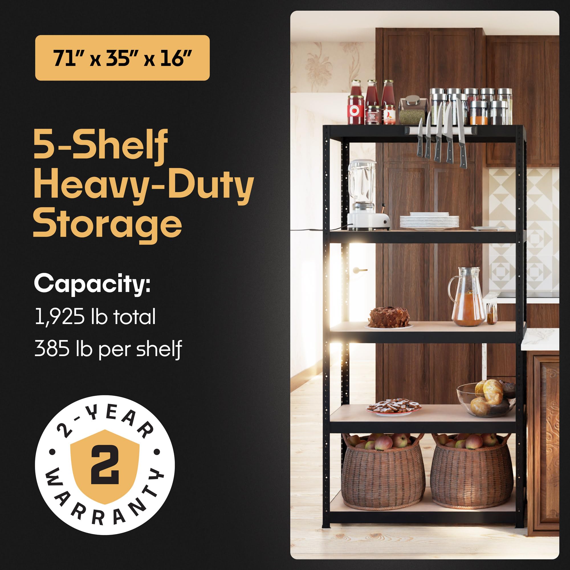 Metalkas Storage Shelves: 5 Storage Shelves Heavy Duty w/a 1.925 lb Total Load Capacity, 385 per Storage Shelf, 71x35x16 Perfect Solution for Your Storage Needs, Adjustable Shelving Unit