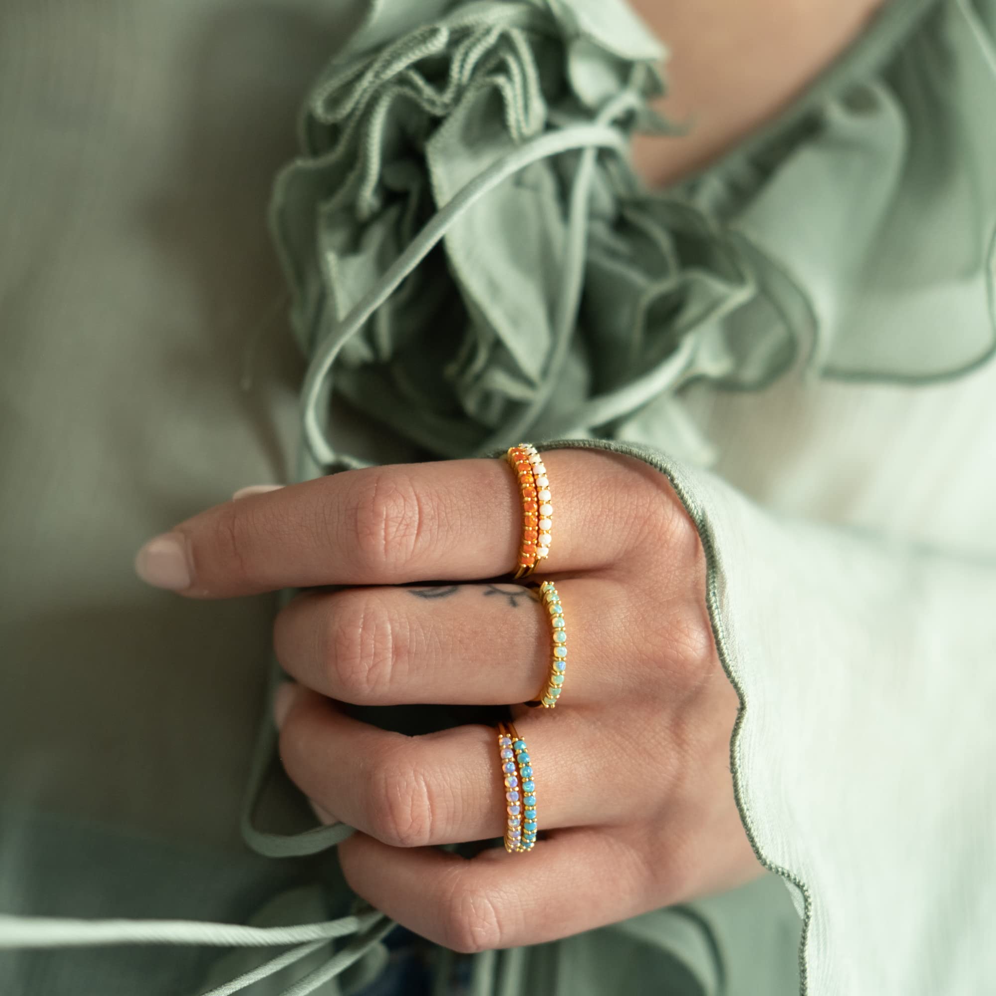 espere Turquoise Blue Opal Ring | Dainty Half Eternity Band with Simulated Opal Gemstones | Minimalist Jewelry Gift for Her [Size 8]