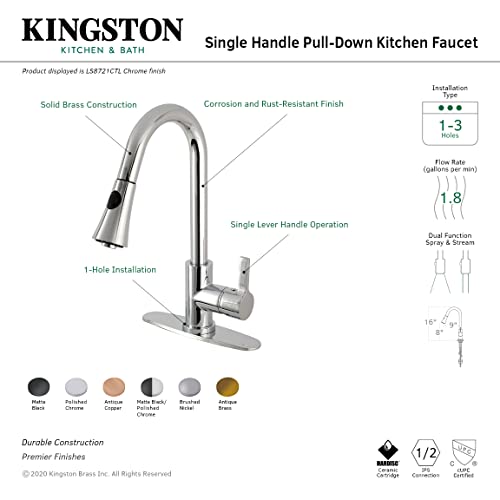 Kingston Brass LS8720CTL Continental Single-Handle Pull-Down Kitchen Faucet, Matte Black