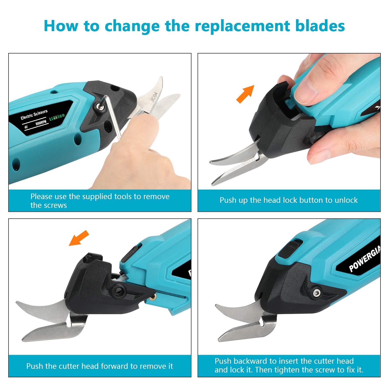 Electric Scissors Cordless, POWERGIANT Electric Scissors for Cutting Fabric, Cardboard, Crystal Plate, Cloth, Leather, Carpet, Paper- Electric Shears Cutting Tools/Cutter with 2 Extra Blades (Blue)