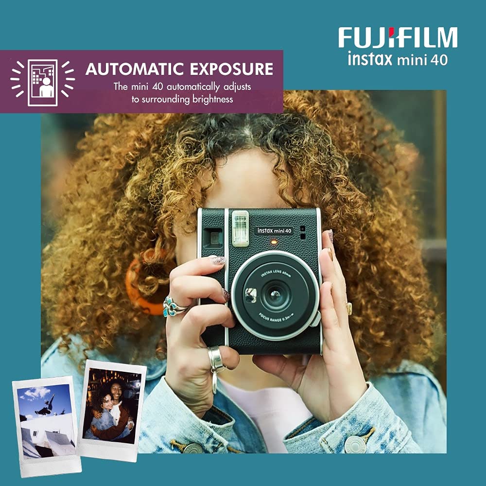 Fujifilm Instax Mini 40 Instant Film Camera (Black) Bundle with (20) Instax Mini Instant Film Shots + Padded Carrying Bag + (4) Rechargeable Batteries + Deluxe Cleaning Kit