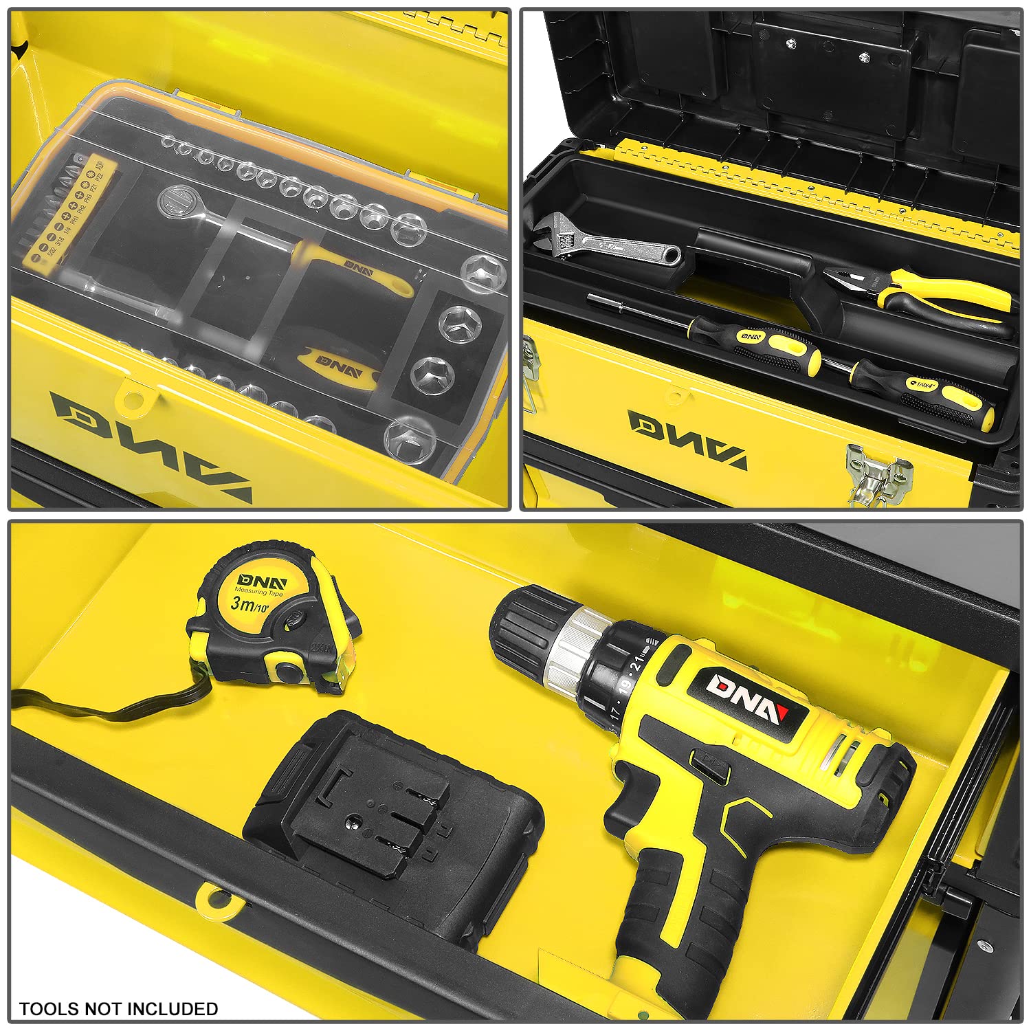 DNA MOTORING TOOLS-00223 19.5" x 28.5" x 12" 3-Tier Stackable Separate Hand Case Tool Boxes Trolley, 3-in-1 Storage Compartments,Yellow