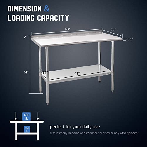 Profeeshaw Stainless Steel Prep Table NSF Commercial Work Table with Backsplash and Undershelf for Kitchen Restaurant 24×48 Inch