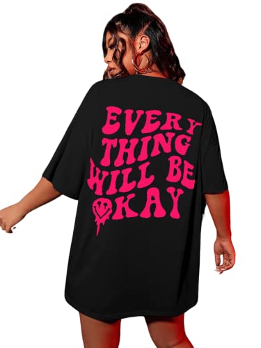 SOLY HUX Plus Size Graphic Tees for Women Oversized Tshirts Vintage T Shirts Casual Trendy Summer Loose Tops Black Pink Multi 3XL