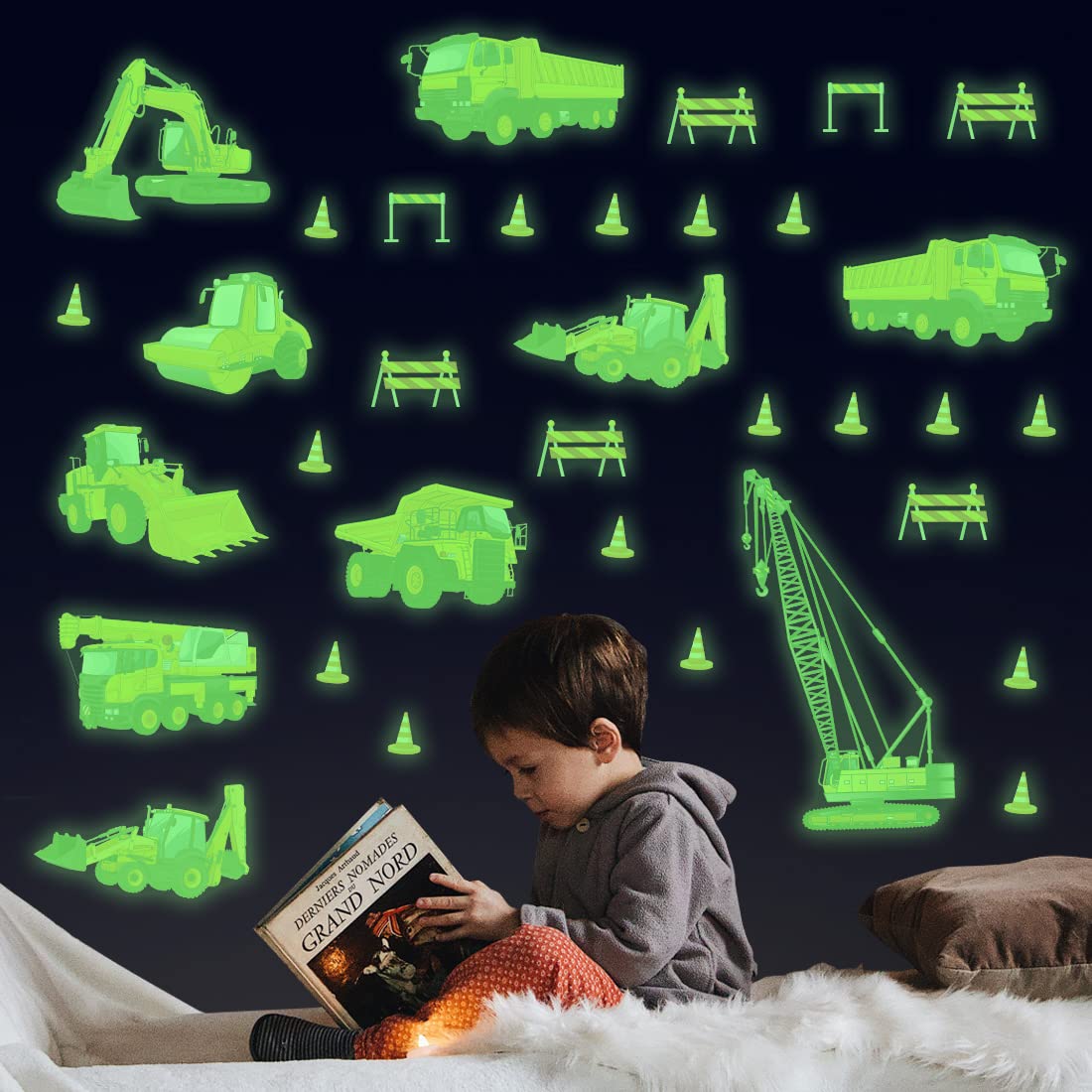 TOARTi Glow in The Dark Construction Wall Stickers, Transport Truck Excavator Tractor Decals,Luminous Vehicle Wall Decal for Kids Boys Room Nursery Decor(4 Sheets, 49 pcs)