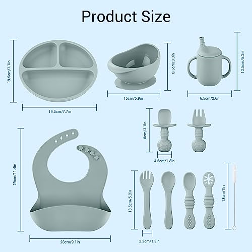 Silicone Baby Feeding Set, FOTEEMO Led Weaning 11-Piece Feeding Eating Supplies Self Feeding Baby Utensils Eating Suction Bowl For 6+ Months Toddler (Blue)