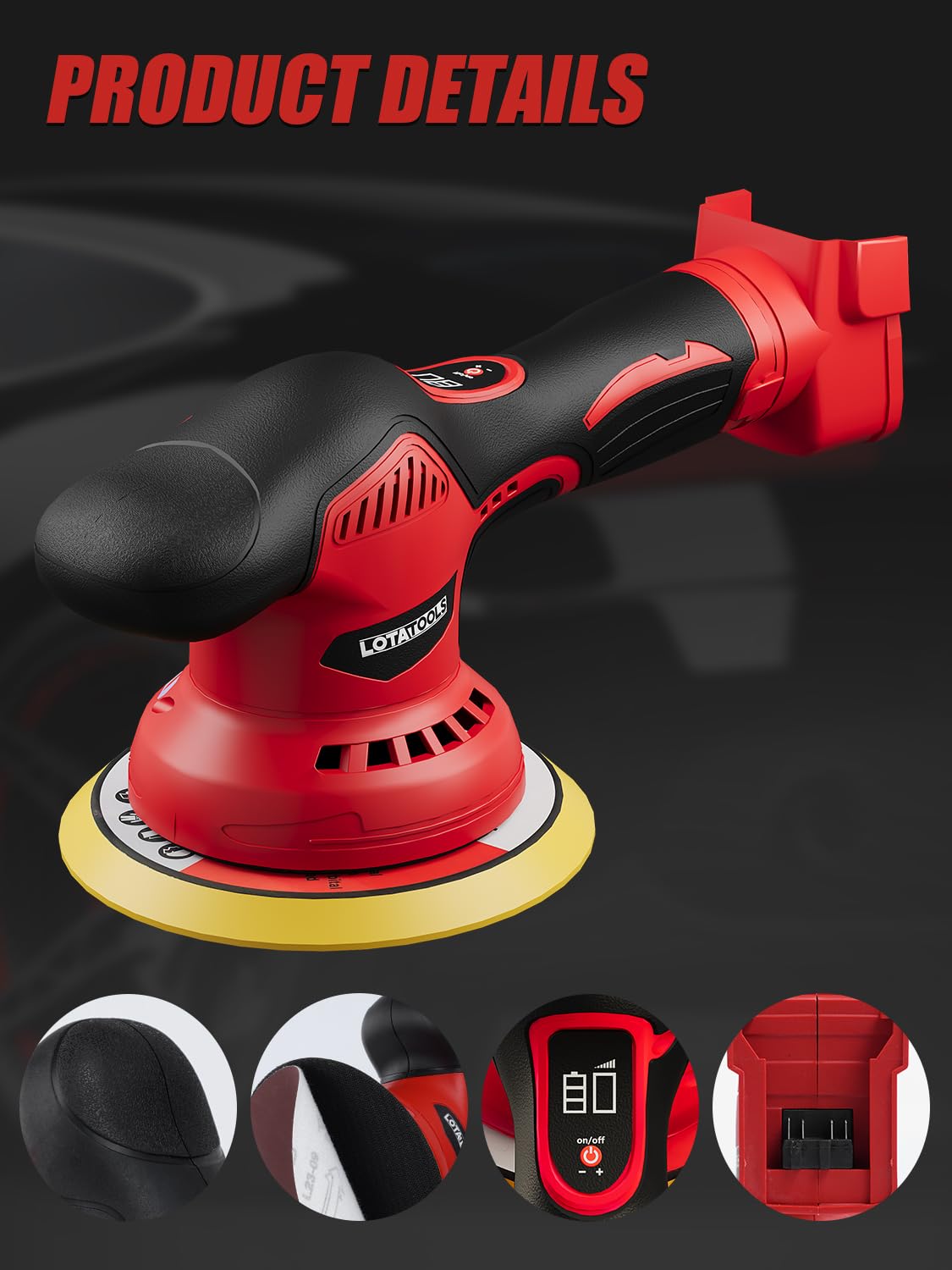 LotaTools Car Detailing and Polishing Compatible with Dewalt 20V Battery, 5500 RPM Dual-Action Polisher with 6 Variable Speeds