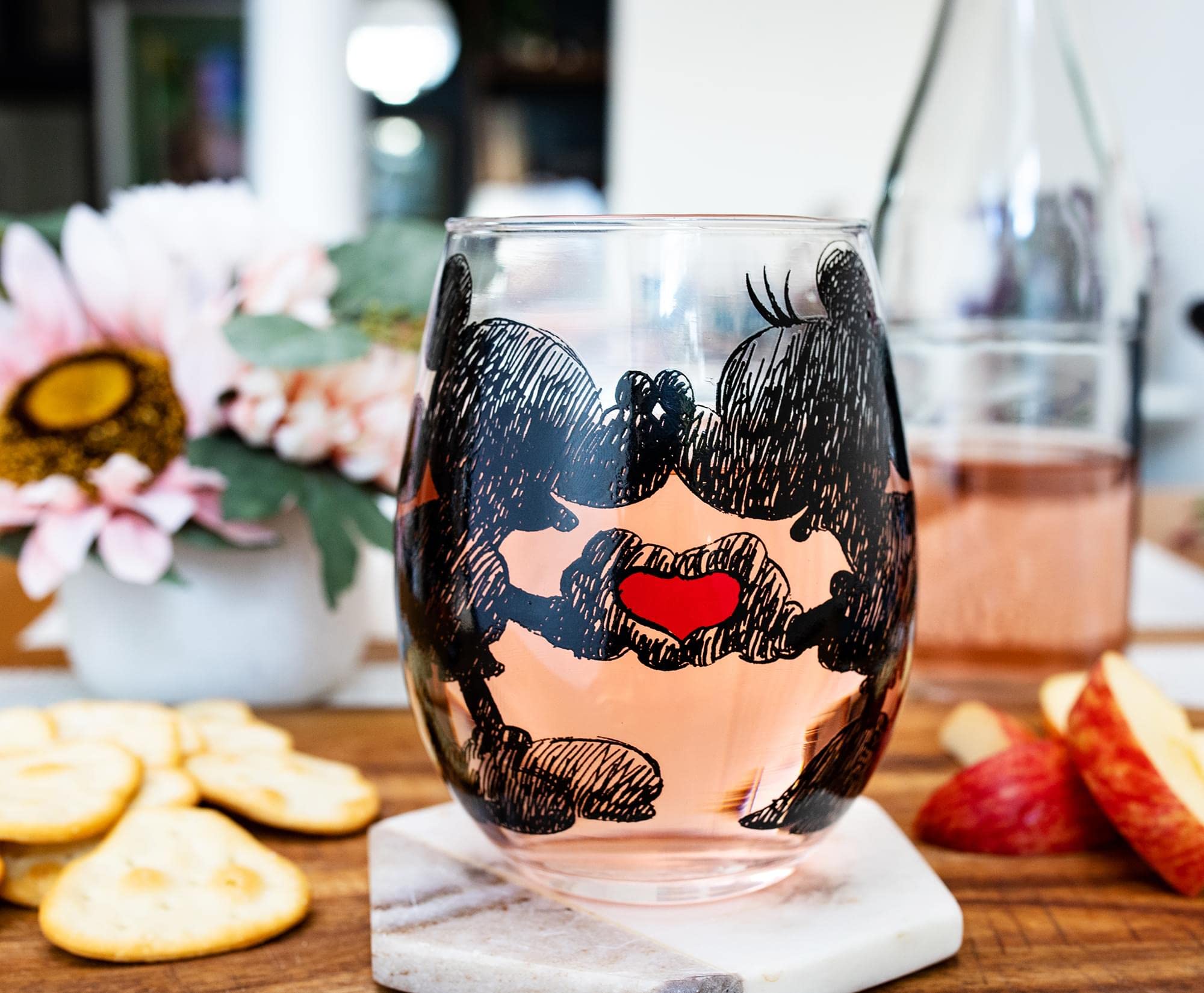 Disney Mickey and Minnie Mouse Heart Teardrop Stemless Wine Glass | Tumbler Cup For Mimosas, Cocktails