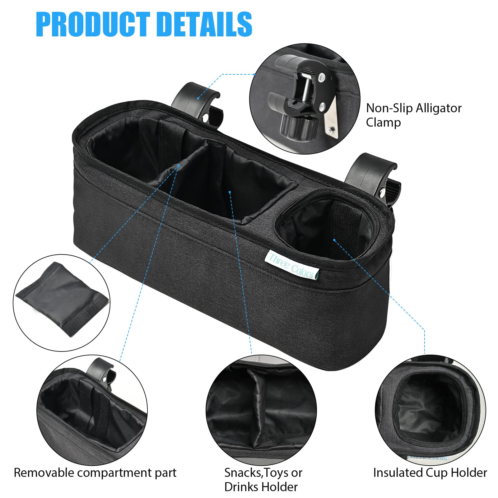 Three Colors Universal Stroller Tray, Stroller Cup Holder, Stroller Snack Tray, Stroller Accessories with Deeper Insulated Cup Holder, Upgraded Alligator Clamp Grip Firmly Stroller Bar, Black