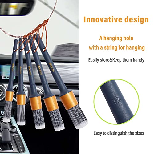 LitOrange Car Detailing Brush Set- 5 PCS Different Sizes PET&PPT Mixed Fiber Plastic Handle Automotive Detail Brushes for Cleaning Interior, Exterior, Wheels, Rims and Leather