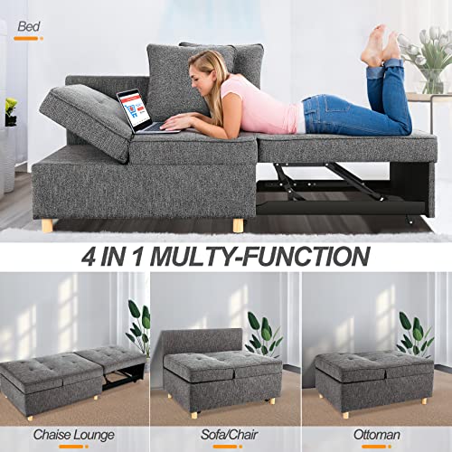 SEJOV Sofa Bed 4-in-1 Convertible Sofas & Couches, 3-Seat Linen Fabric loveseat Sofa with 2 Throw Pillow, Single Recliner for Small Space with 5 Adjustable Backrest, Dark Grey