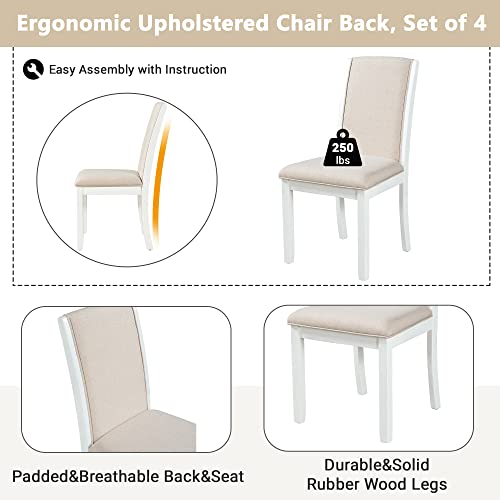 LUMISOL Upholstered Dining Chairs Set of 4, High Back Padded Dining Chairs with Solid Wood Legs, Modern Linen Fabric Kitchen Chairs (White + Beige)