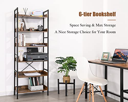RokiaTek Bookshelf Bookcase 6-Tier Storage Rack with Open Shelves, Vintage Standing Bookshelves Metal Frame Industrial Display Rack for Living Room Bedroom, Rustic Brown and Matte Black
