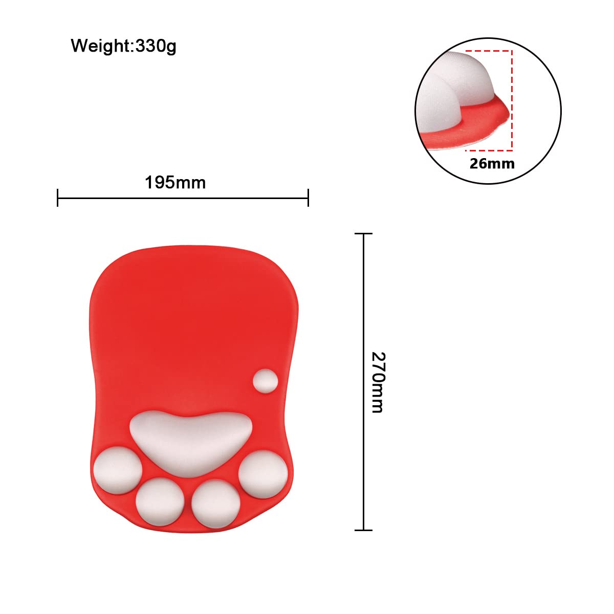 Cute Cat Paw Mouse Pad, Precision Mutispandex Surface, Soft Silicone Filling, Non-Slip PU Base, 270 x 195mm / 10.6 × 7.7 in (Red)