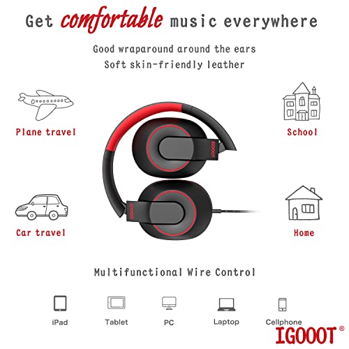 igooot Kids Headphones Wired,with case Most Comfortable Over Ear Children Headphones,Adjustable,Volume Limiter 85/94dB,for School/Plane/Switch/Amazon-fire-Tablet/ipad,3.5mm Jack,Black&Red.