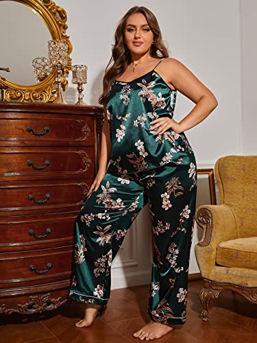 SOLY HUX Women's Plus Size Floral Print Satin Sleepwear Cami Top and Pants Lounge Pajama Set Dark Green 2XL