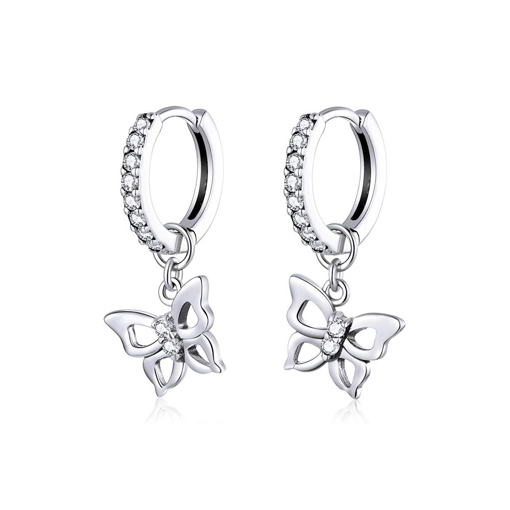 Cute CZ Butterfly Dangle Hoop Earrings for Women S925 Sterling Silver with Charms Huggie Hoops Crystal Drop Cartilage Filigree Jewelry Delicate Fashion Dainty for Dauther