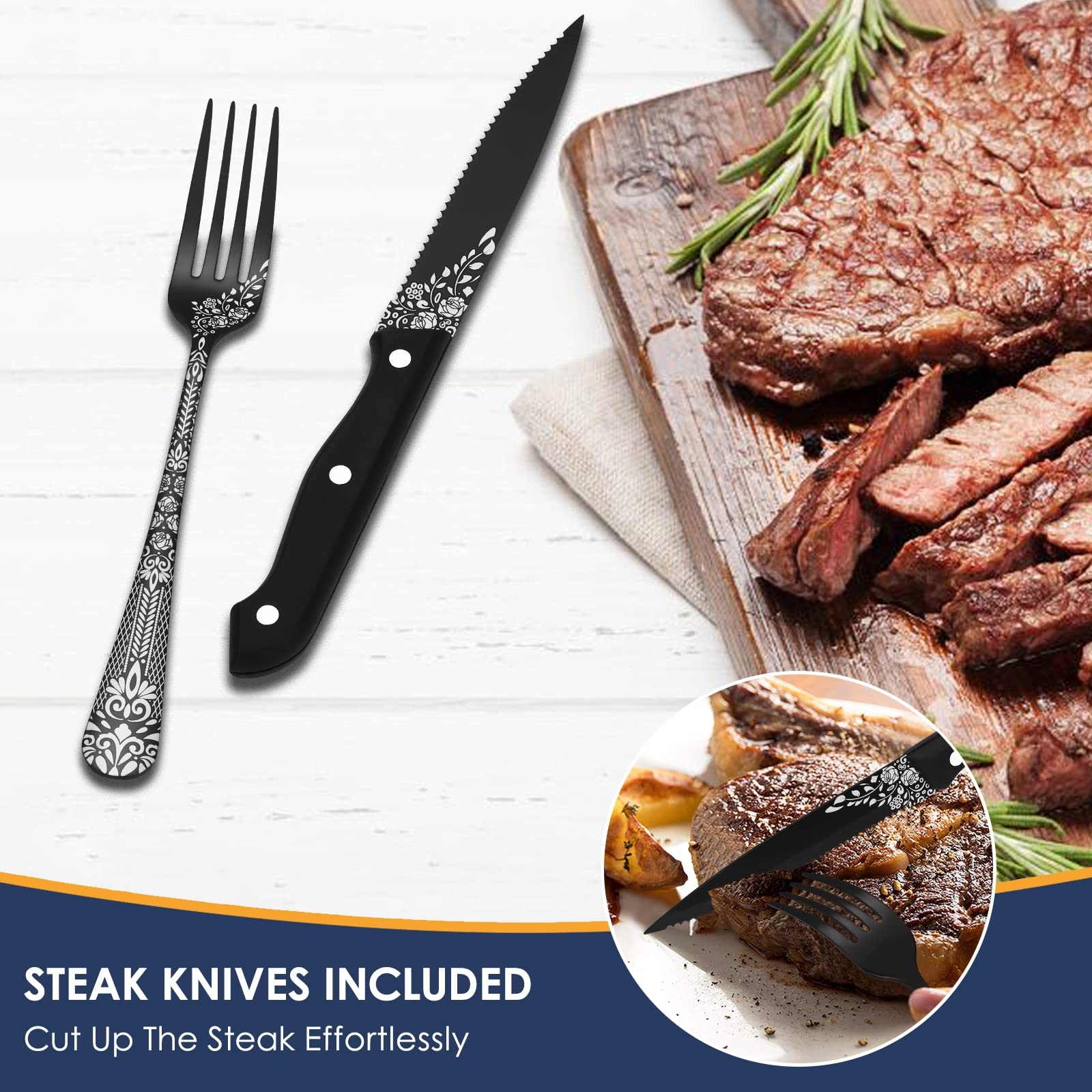 EUIRIO 53-Piece Black Silverware Set with Serving Utensils, Black Flatware Set for 8, Stainless Steel Mirror Cutlery Set, Spoons Forks Knives with Unique Floral Laser, Tableware Set, Dishwasher Safe