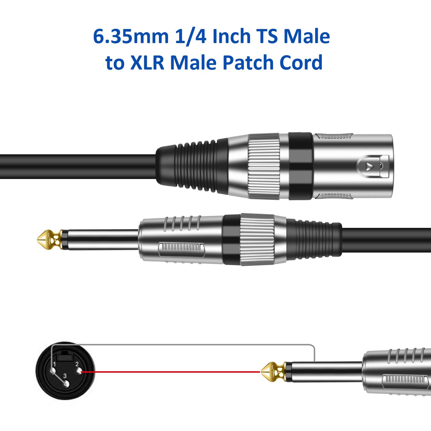 DREMAKE Audio 6FT Patch Cable Cord - XLR Male 3-Pin to 1/4 Inch TS Coloured Microphone Cable - 3' Unbalanced Mono Snake Cord - 6 Pack 1/4 to Male XLR
