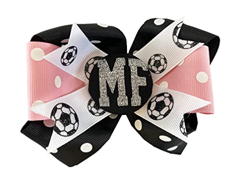 Soccer Bow with Glitter Initial or Number Button, Hot Pink Black and White, Baseball Softball Cheer and Volleyball Football