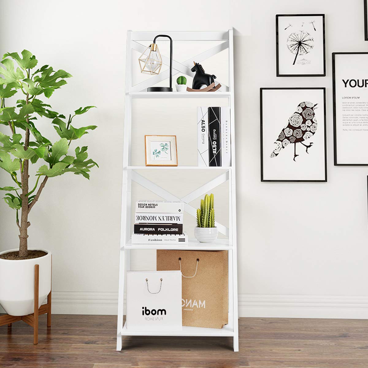 Tangkula 4-Tier Ladder Shelf Bookcase Leaning Free Standing Wooden Frame Decor Bookshelf Storage Flower Shelf Plant Display Shelf for Home Office (White, 1)