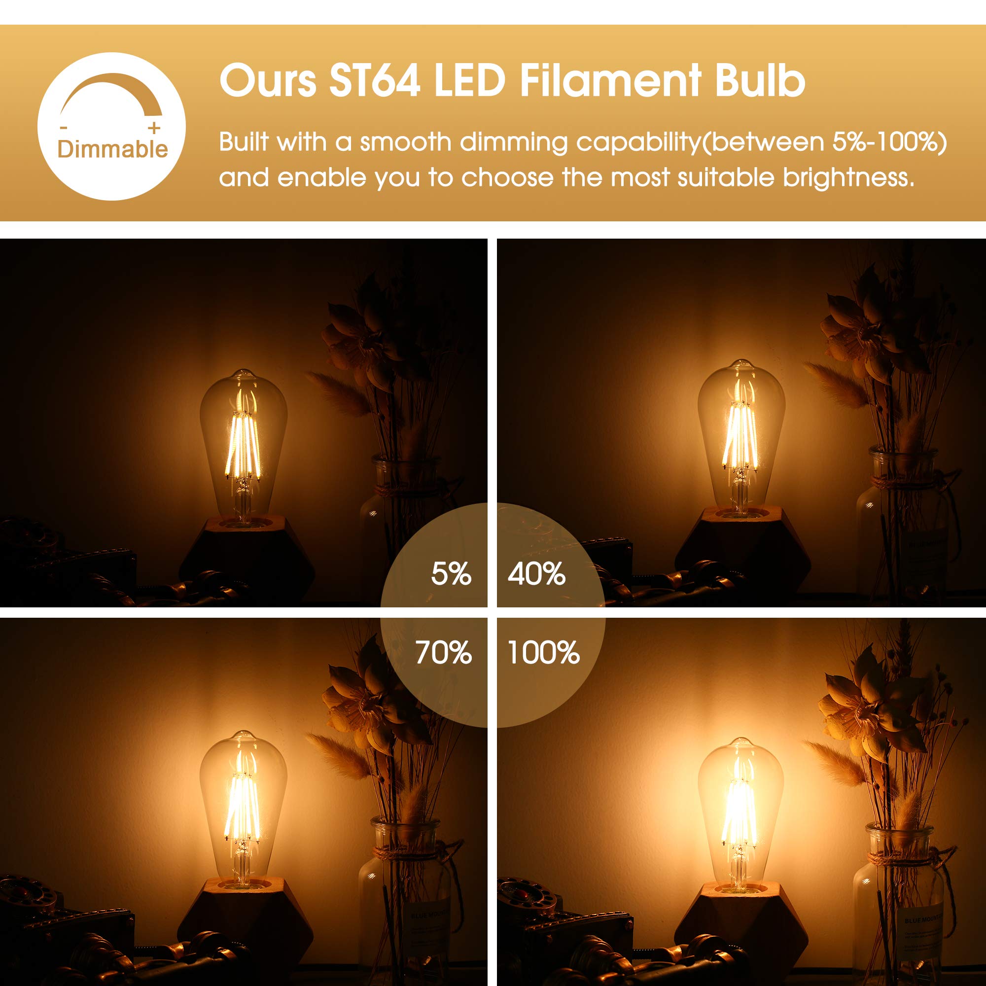 Edison Bulbs [4 Pack], DORESshop Edison Light Bulb, Incandescent Light Bulbs, ST64, E26 Bulb, Dimmable Lightbulbs with Amber Glass, Warm White 2700K Edison Bulb for Wall Sconces, Home Lighting Fixture