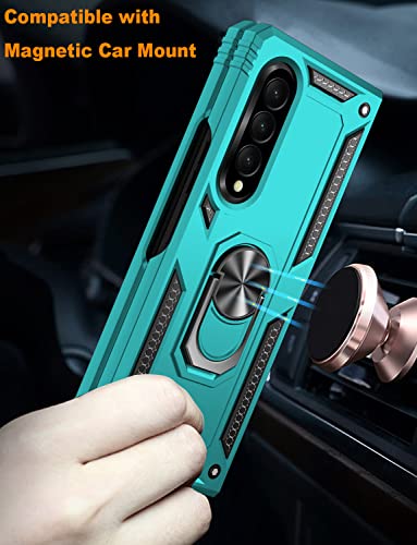 IKAZZ Galaxy Z Fold 3 Case,Samsung Z Fold 3 Cover Military Grade Shockproof Heavy Duty Protective Phone Case Pass 16ft Drop Test with Magnetic Kickstand for Samsung Galaxy Z Fold 3 Turquoise