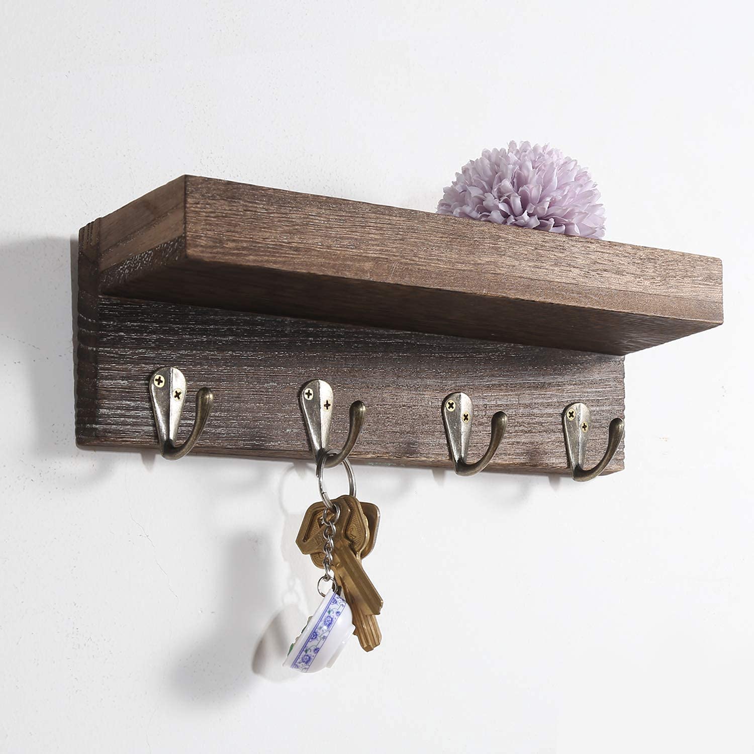 DOCMON Wall Mounted Rustic Wood Shelf, 1 Shelf Key Holder Organizer with 4 Metal Hooks, Farmhouse Style Mail Organizer for Entryway, Hallway, Bedroom, Office