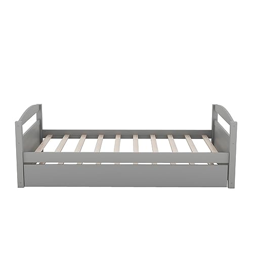 LLS Twin Size Daybed with Trundle, Solid Wood Daybed Frame with Headboard and Footboard, Space Saving Platform Bed Sofa Bed with Sturdy Slats Support, No Box Spring Needed, Gray