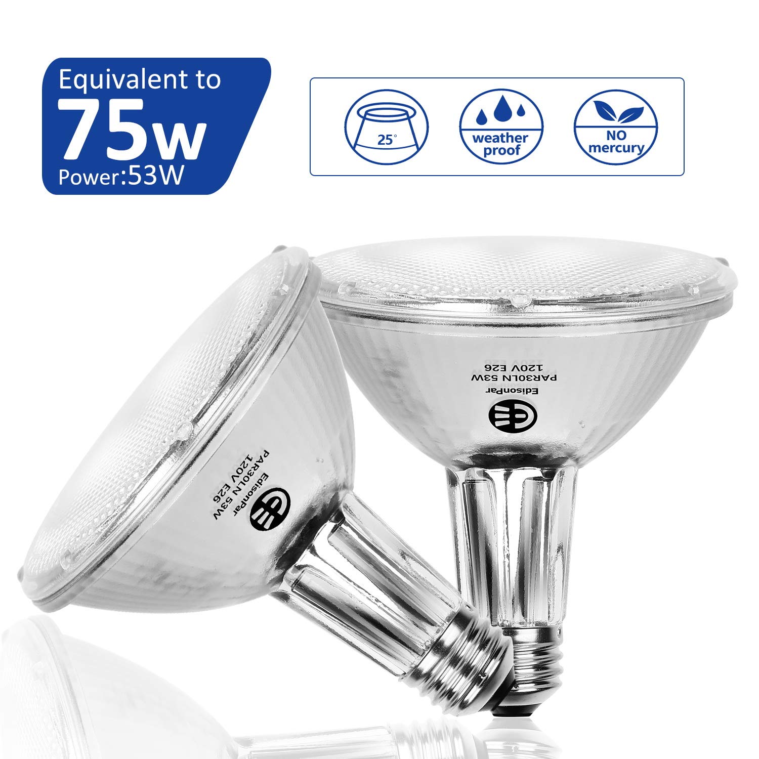 EdisonPar PAR30 Long Neck ECO Halogen Bulb 6 Pack 75W Equivalent, 25° Flood Light Dimmable E26 Base, 2900K Warm White Light CRI100 120V (PAR30LN Count of 6)