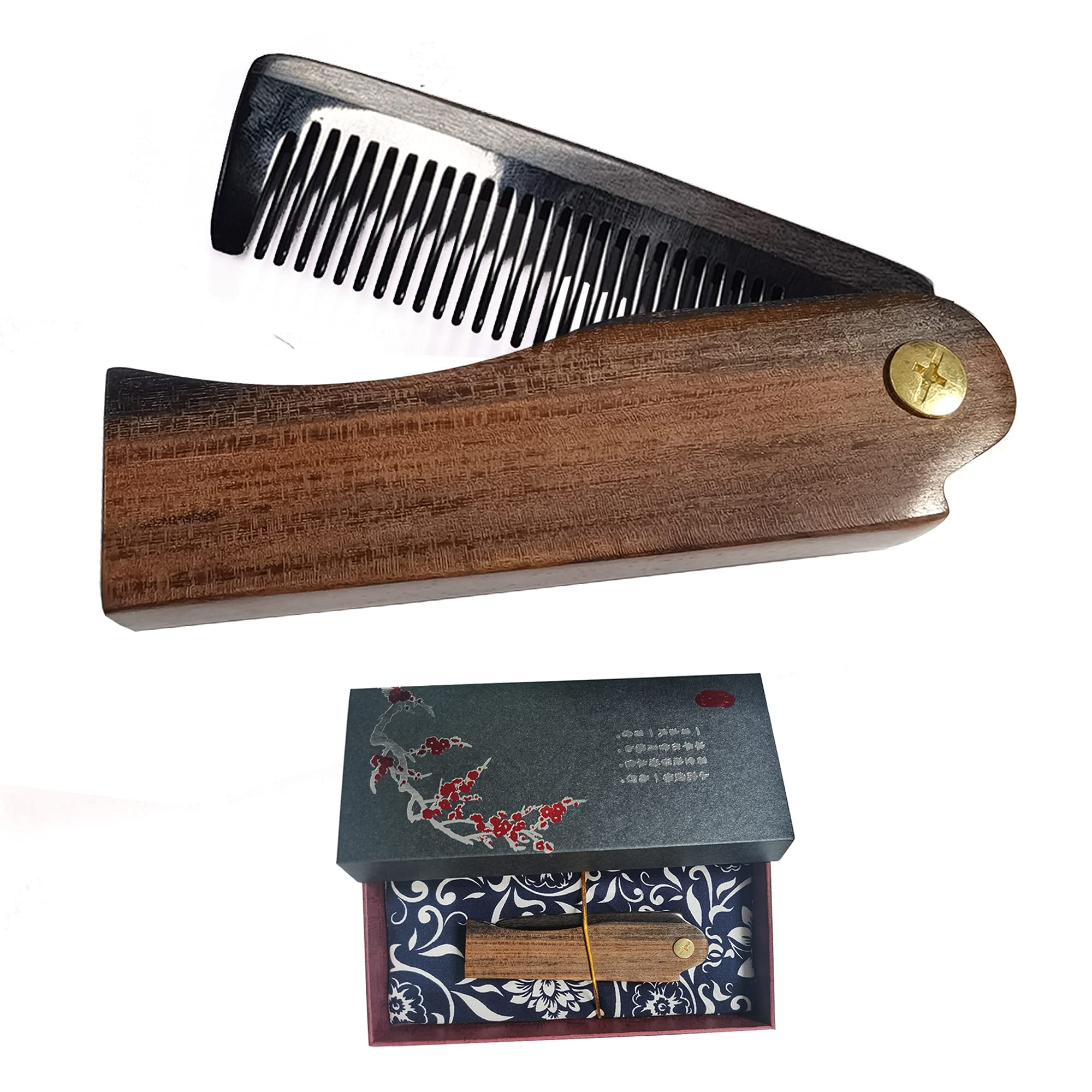 Folding Beard Comb for Men's Hair,Beard,Mustache Styling Comb- Natural Wooden Beard Comb w/Gift Box,Pocket Sized for Grooming & Combing Hair, Beards and Mustaches