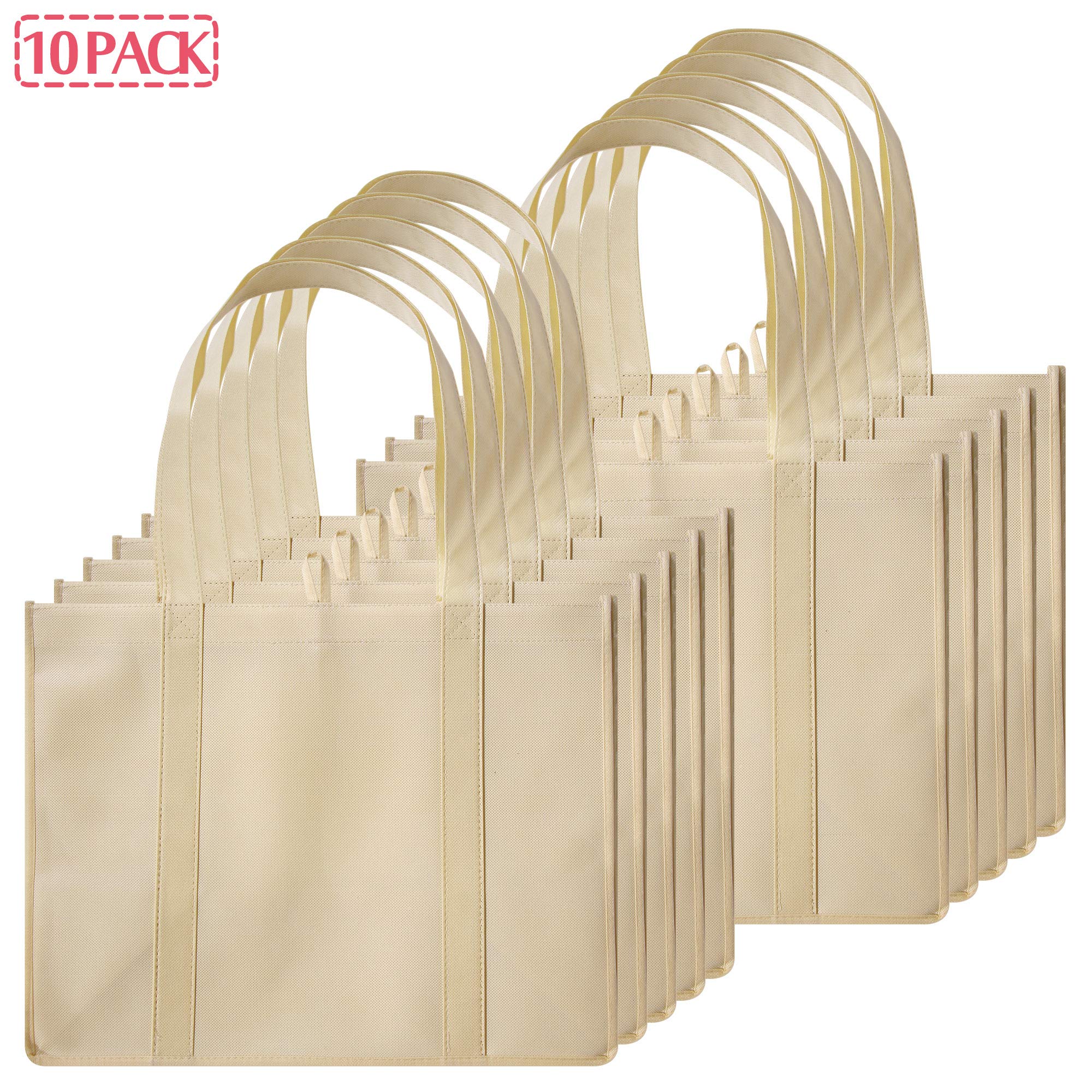 DIOMMELL 10 Pack Reusable Grocery Bags Extra Large Super Strong Heavy Duty Shopping Tote Bags with Reinforced Handles, Beige