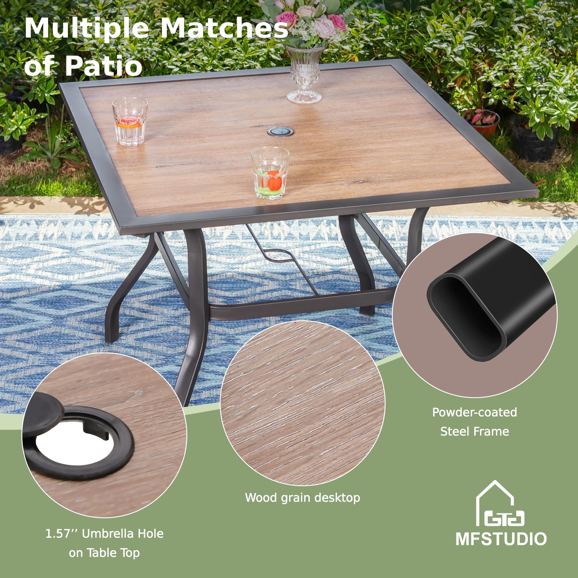 MFSTUDIO 37" Square Backyard Bistro Table Patio Dining Table Outdoor Furniture Garden Table, Imitation of Wooden Surface Top, 1.57β Umbrella Hole, Gray Frame