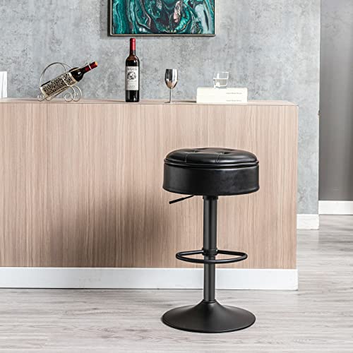 Round Storage Bar Stool Set of 2, Black Faux Leather Height Adjustable Barstool, 360°Counter Height Swivel Stool, Armless Bar Chair with Metal Frame for Kitchen Counter Dining Living Room
