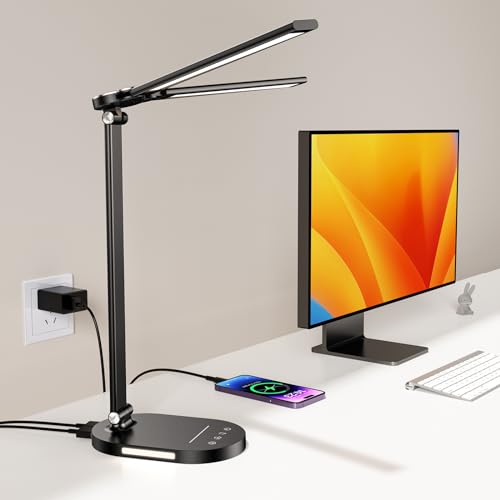 EMOBACO Desk Lamps for Home Office, Eye-Care LED Desk Lamp with USB Charging Port, Touch Control Table Lamp with Night Light Mode, 60 min Timer Desktop Lamp for College Dorm Room Bedroom