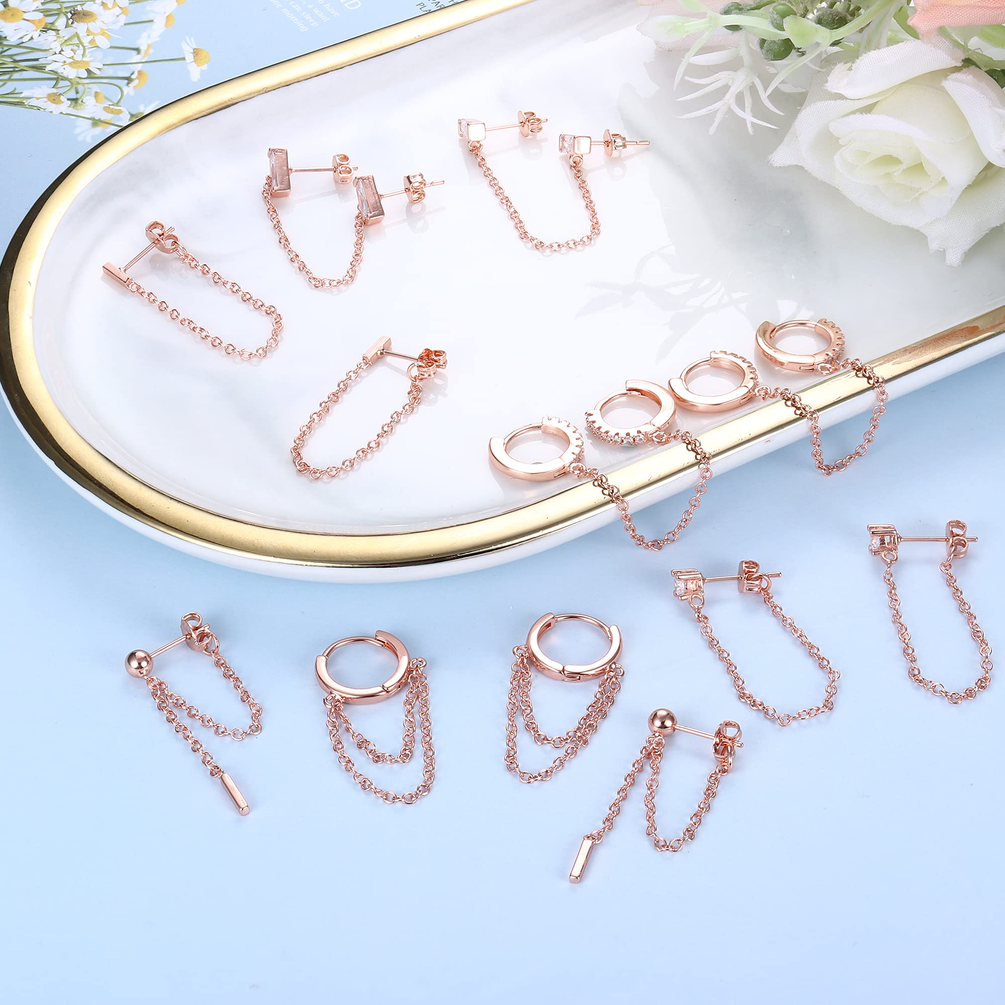 Drperfect 6 Pairs Chain Stud Earrings for Women CZ Dangle Earrings Copper Ball Stud Earring Bar Stud Earrings Huggie Hoop Piercing Earrings