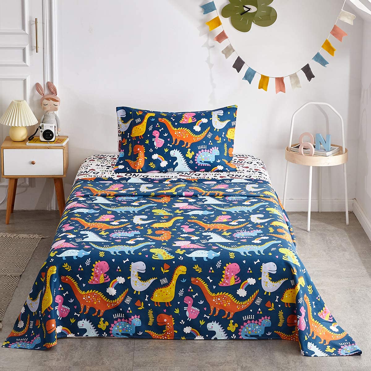 Dinosaur Twin Sheet Set for Kids Boys Teens Cute 3 Pieces Navy Microfiber Bedding Set with Pink Blue Orange Gray Dinosaurs Colorful Monster Style
