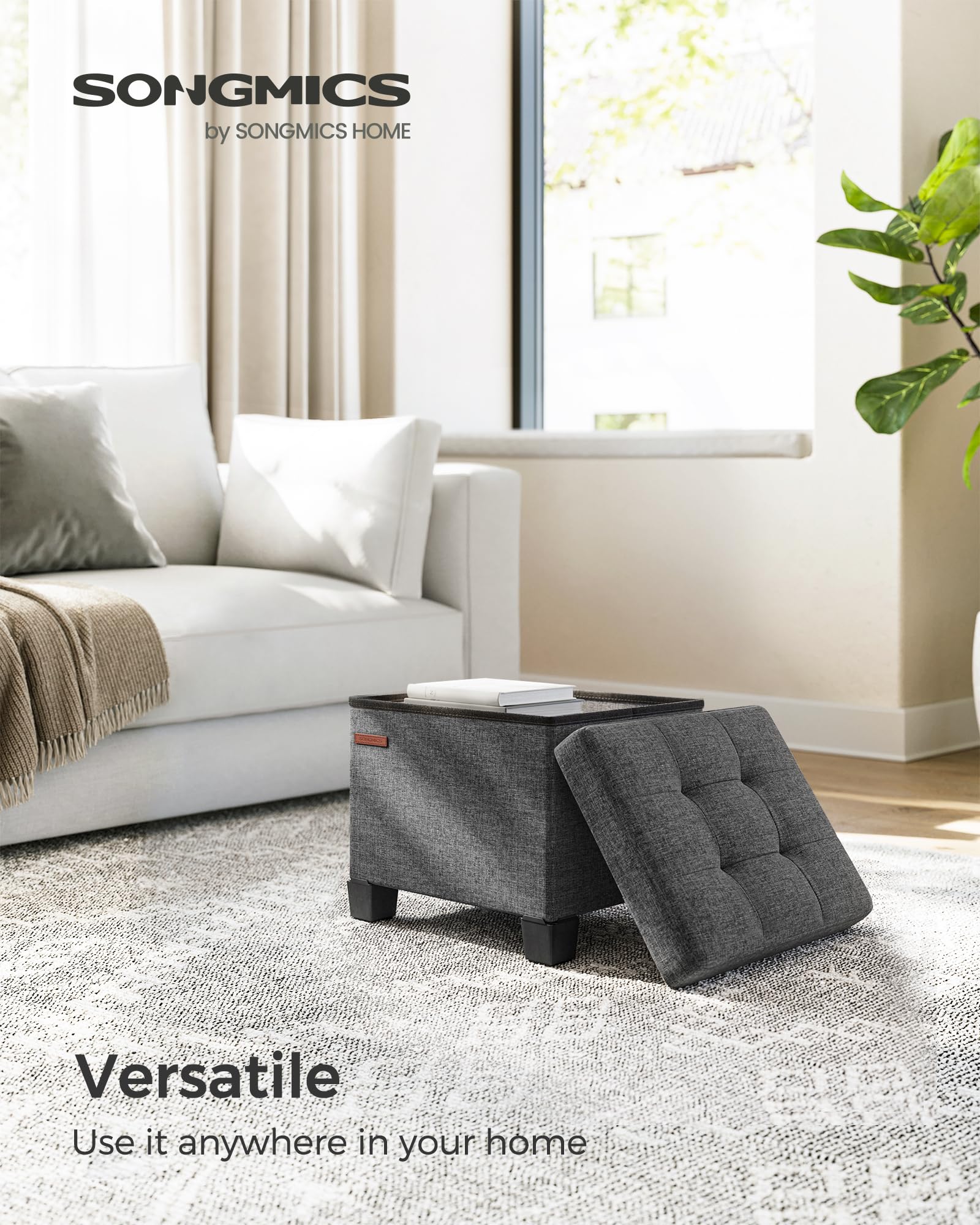 SONGMICS Storage Ottoman, Folding Storage Bench, Ottoman with Storage, Storage Ottoman Bench, for Living Room, Bedroom, 12.6 x 15.8 x 13.2 Inches, Dark Gray ULSF012G01