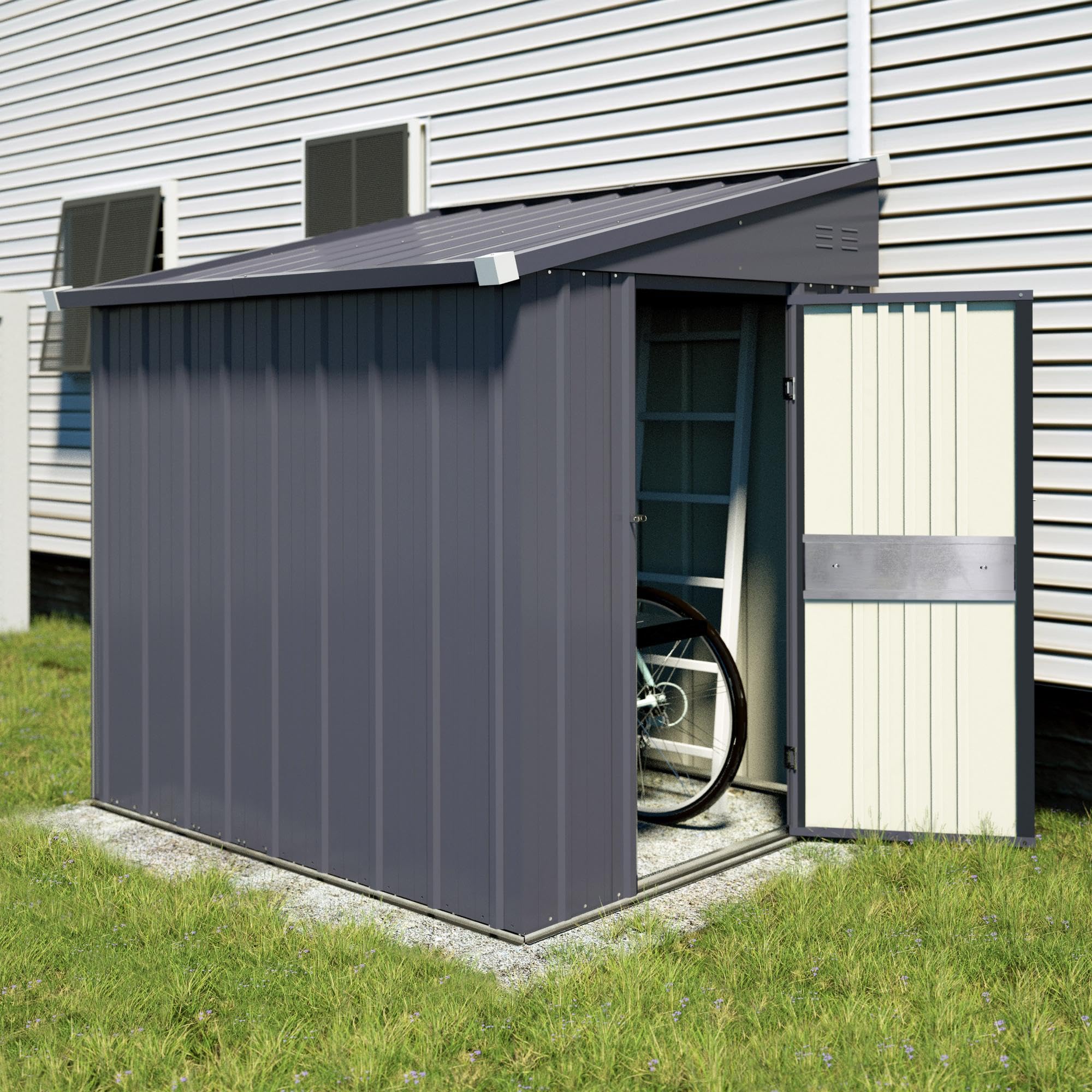 MUPATER 4x8 FT Outdoor Storage Shed with Lockable Door, Metal Lean to Shed Garden Tool Storage Shed House, Storage Shed Kit for Patio, Backyard, Lawn, Grey