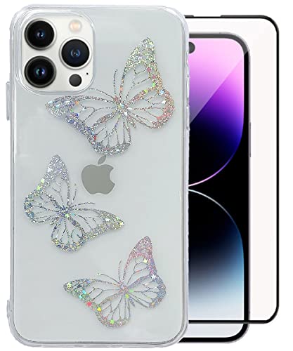 LUSAMYE iPhone 14 Pro Max Case - Cute Butterfly Design, Clear Glitter Electroplated Cover with Screen Protector for Girls & Women
