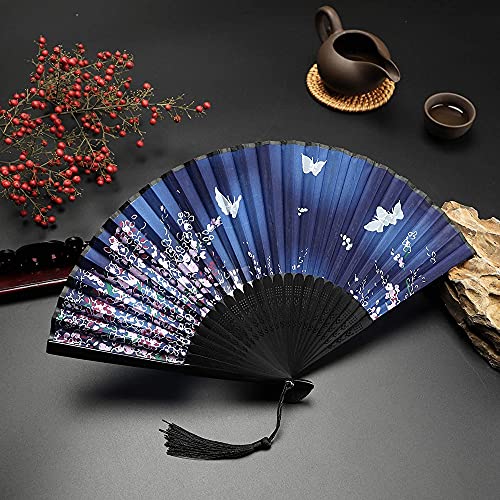 Floral Folding Hand Fans Chinese Style Bamboo Folding Fan Vintage Pattern Hand Fan Handheld Fabric Folding Fan with Tassel for Women Wedding Party(52)