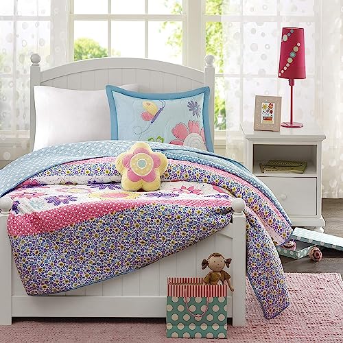 Mi Zone Kids Crazy Daisy Bedding For Girls Reversible Quilt Set - Sky Blue, Pink , Flowers, Butterfly, Polka Dots Reverse β Ultra Soft Microfiber Coverlet, Twin 3 Piece