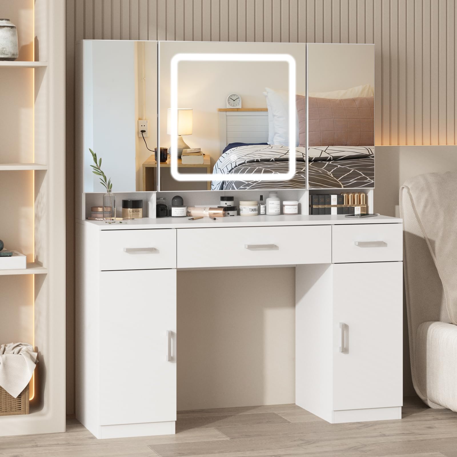 Vabches Vanity Desk with 3 Opening Mirrors and LED Lights, Makeup Vanity Table with 10 Storage Shelves, 3 Large Drawers and 2 Cabinets, 45.3" Dressing Table with Jewelry Armoire & Power Outlet, White