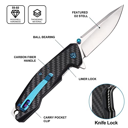 Folding Pocket Knife, Pocket Knives Carbon Fibers Handle, High Hardness D2 Blade With Clip and Liner Lock,Camping Knife for EDC, Fishing, Camping and Outdoor Activities-Good for Men Gift